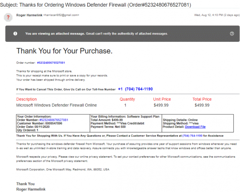 Purchase Windows Defender email scam — How To Fix Guide