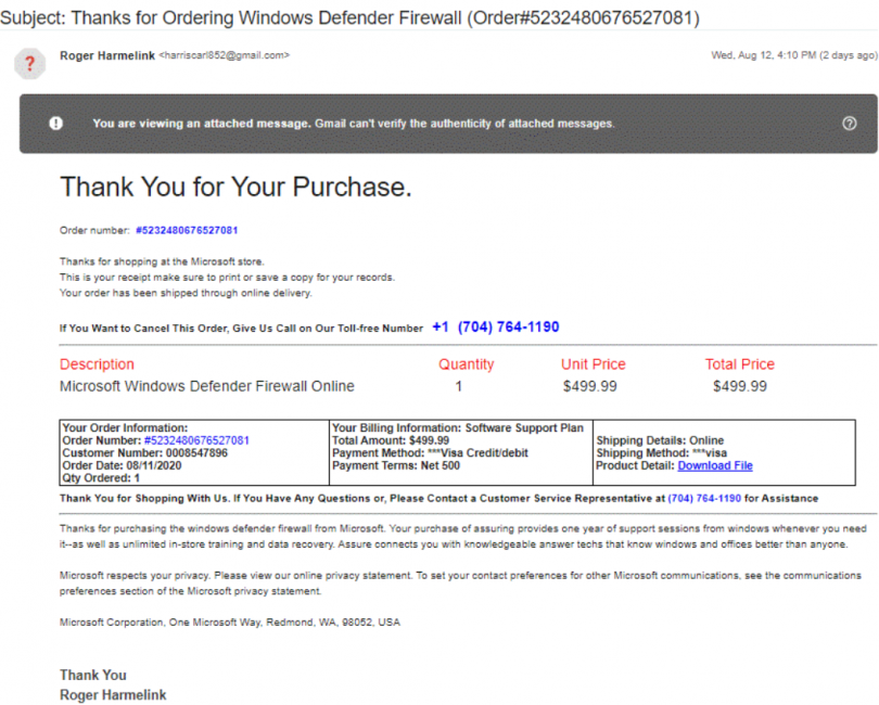 Purchase Windows Defender email scam — How To Fix Guide