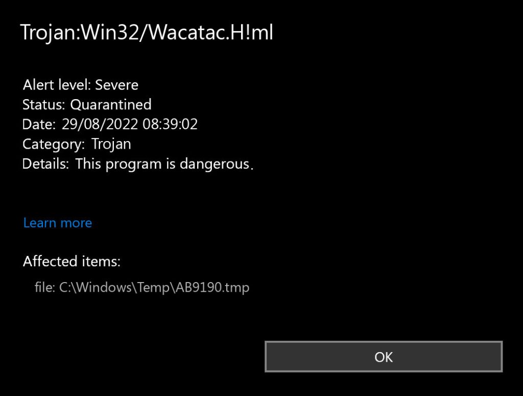 Trojan:Win32/Wacatac.H!ml by Microsoft Defender Virus — How To Fix Guide